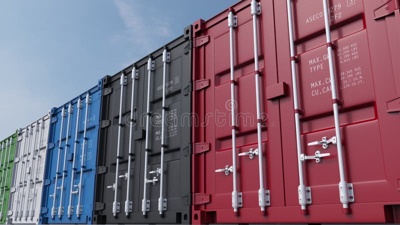 Multiple Cargo Containers Against Blue Sky, 3D Rendering Stock ...