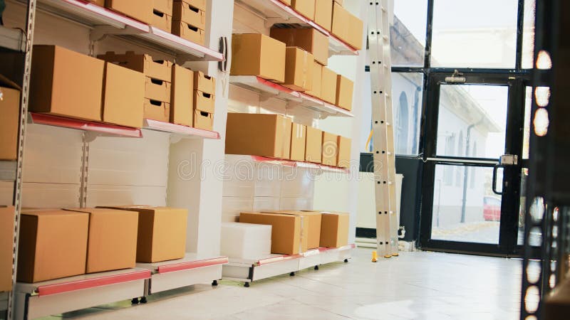 Multiple Carton Boxes Placed on Shelves in Warehouse Stock Photo ...