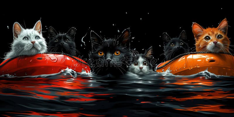 Multiple Cats Aboard a Raft Sailing in Water Stock Photo - Image of ...