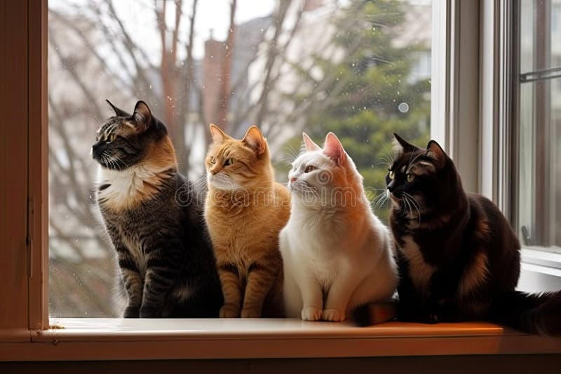 Multiple Cats Sitting on Windowsill, Looking Out at the World Stock ...