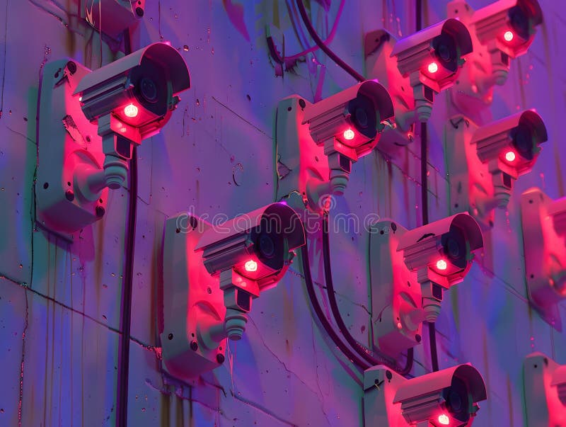Array of Surveillance Cameras on a Wall at Night, Security Concept ...