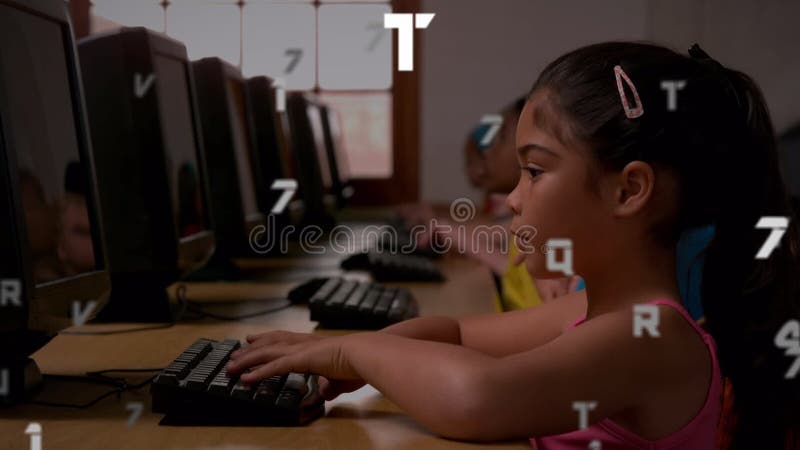 Multiple Changing Numbers and Alphabets Floating Against School Girl Using Computer at School ...