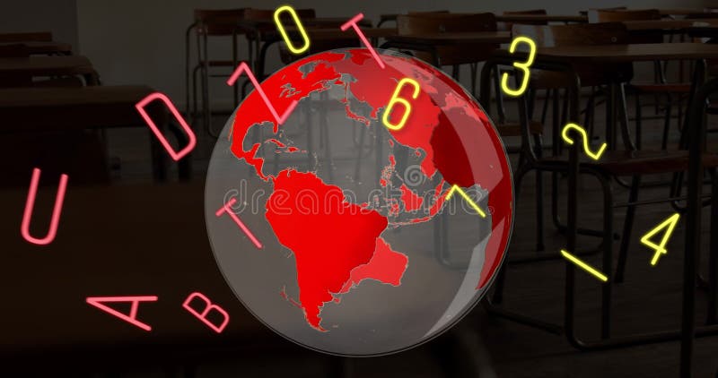 Multiple Changing Numbers and Alphabets Moving Over Spinning Globe ...