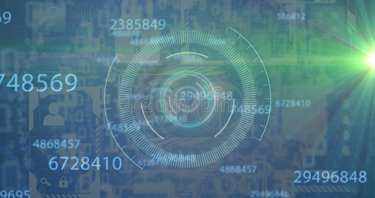 Multiple Changing Numbers and Green Spot of Light Against Round Scanner ...