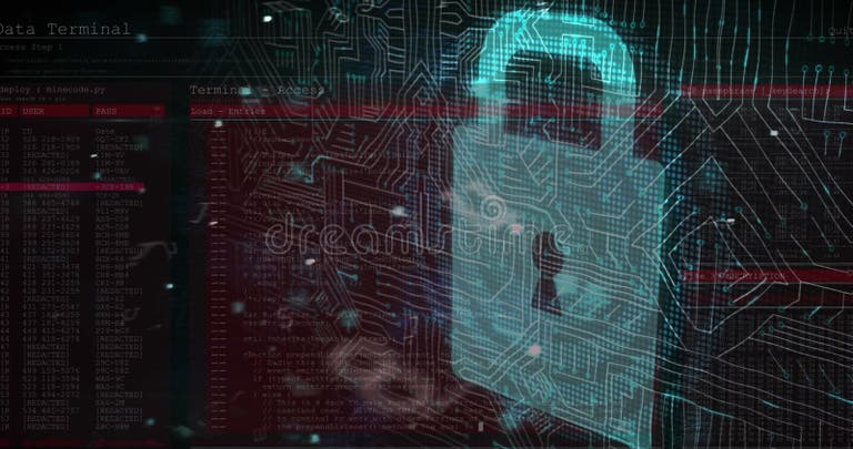 Multiple Changing Numbers and Letters Against Security Padlock Icon and Microprocessor ...