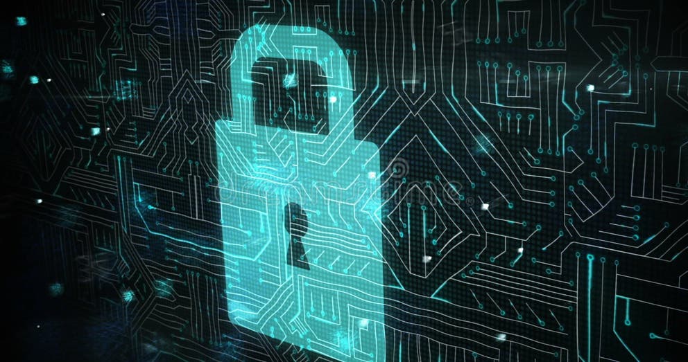 Multiple Changing Numbers and Letters Against Security Padlock Icon and Microprocessor ...