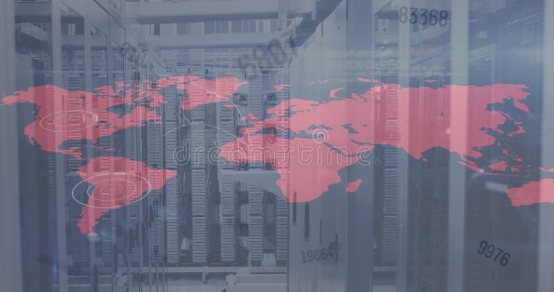 Multiple Changing Numbers Over World Map Against Empty Server Room Stock Footage - Video of ...