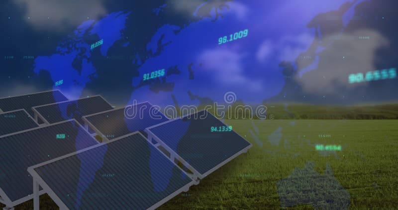 Multiple Changing Numbers Over World Map Against Solar Panels on Grass ...