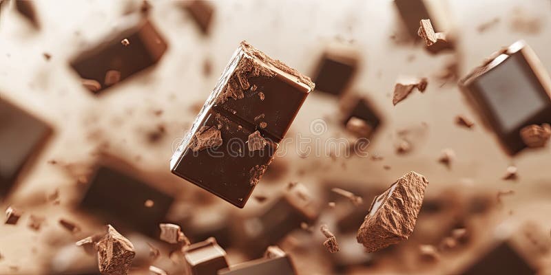 Multiple Chocolate Bar Pieces Flying in the Air Background, Chunks of ...
