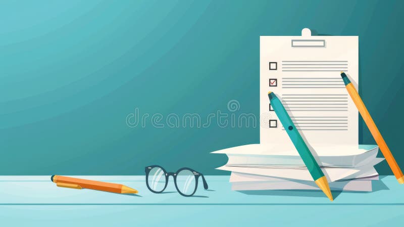 Multiple Choice Test Paper on Desktop with Pens, Stack of Books, and ...