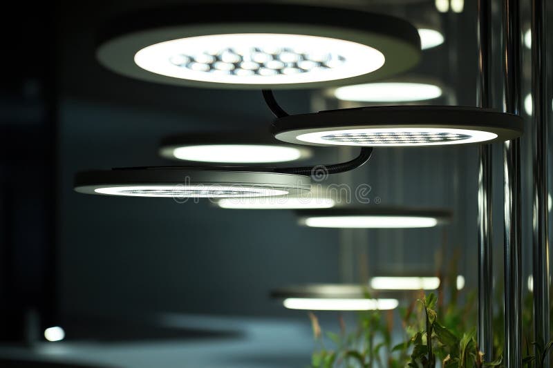 Multiple Circular LED Lights Suspended from Metal Poles Stock ...