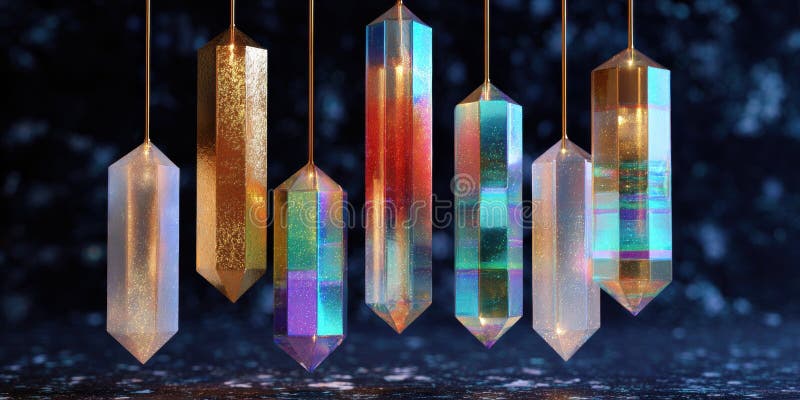 Multiple Clear Crystal Pendulums Suspended on Thin Strings Against a ...
