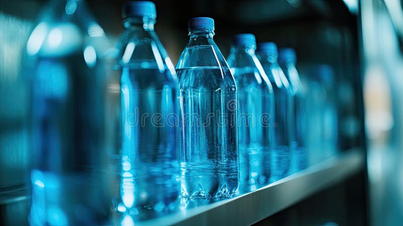 Multiple Clear Plastic Water Bottles Lined Up on a Shelf Stock ...