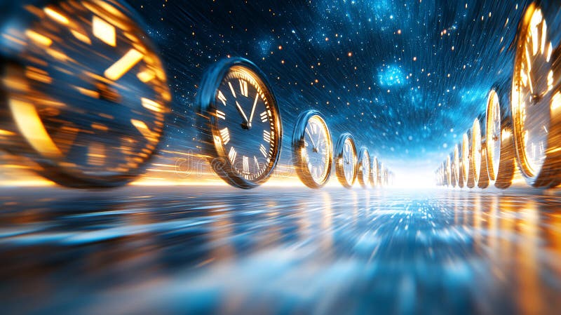 Multiple Clocks Aligning on Reflective Surface with Stars in Background ...