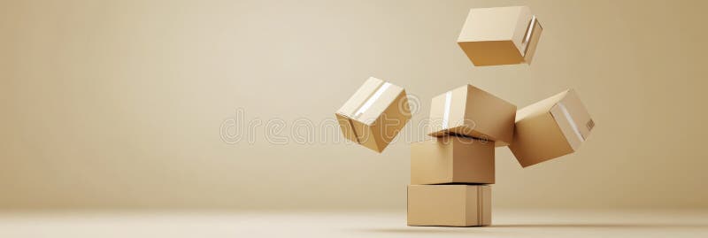 Cardboard Boxes Floating and Levitating on Minimalist Beige Background ...