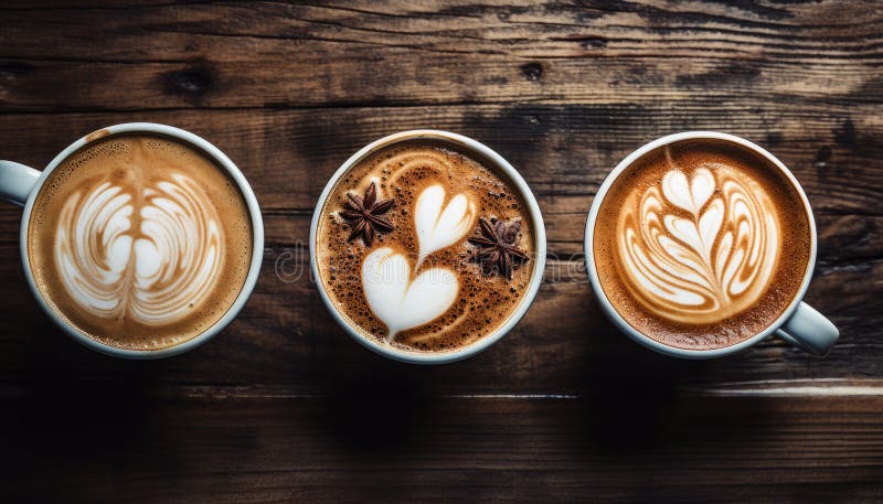 Multiple Coffee Mugs Arranged Overhead on a Wooden Table, Creating a ...