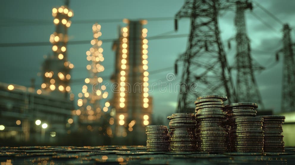 Multiple Coin Stacks Against Towering Electrical Lines Stock ...