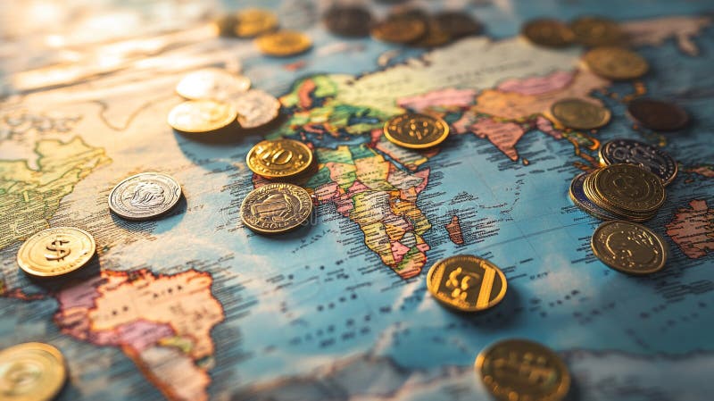 Exploring Global Currencies on a World Map with Coins Scattered Across ...