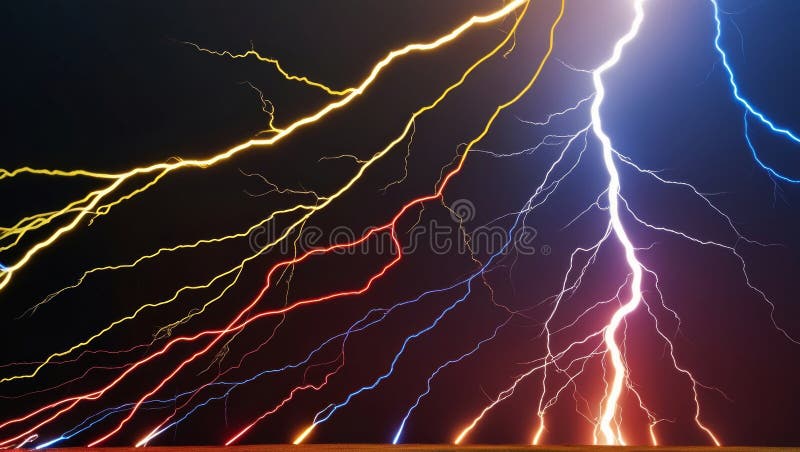 Multiple COLOR Abstract Glowing Lines of Lightning Flashes on a Black ...