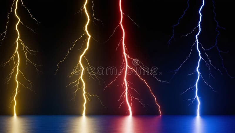Multiple COLOR Abstract Glowing Lines of Lightning Flashes on a Black ...
