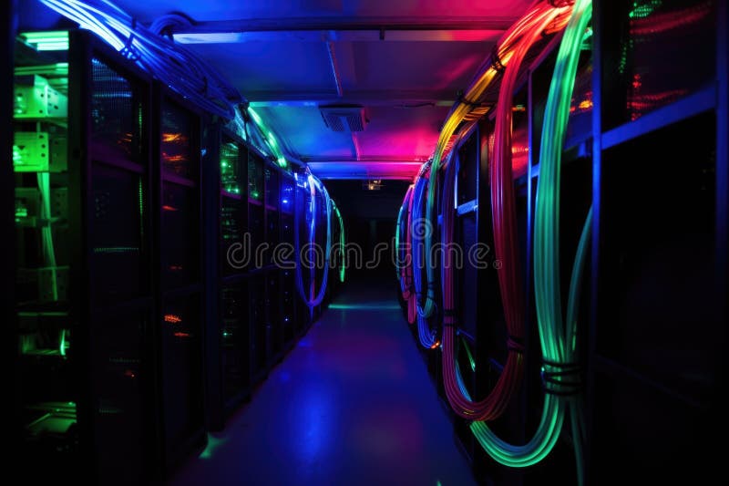 Multiple Color-coded Data Center Racks in Low Light Stock Photo - Image ...