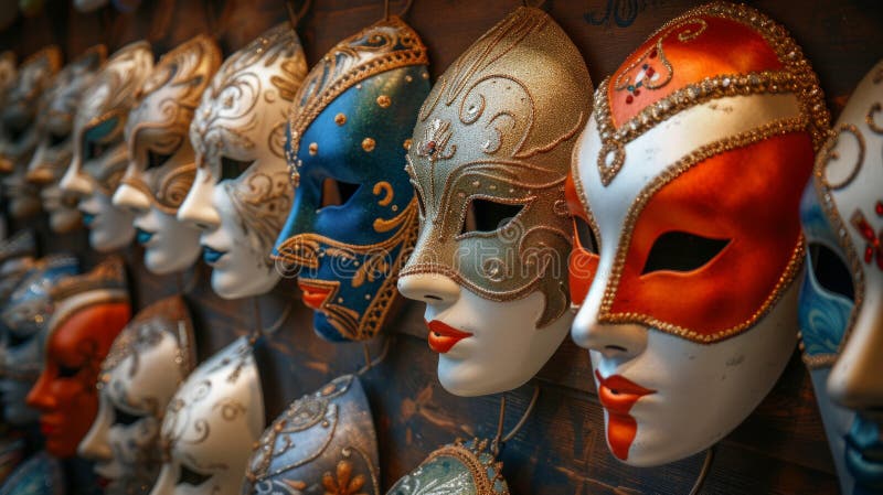 Multiple Colored Masquerade Masks on the Wall, Historical Reproductions ...