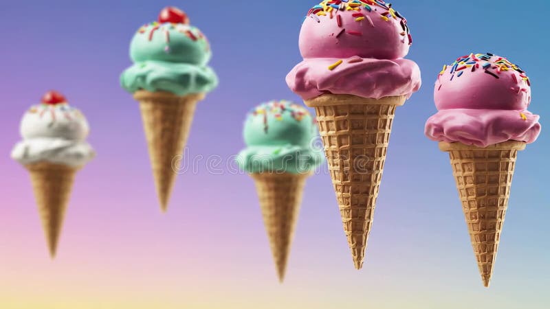 Slow Motion Ice Cream Cones Floating on Gradient Background Stock ...