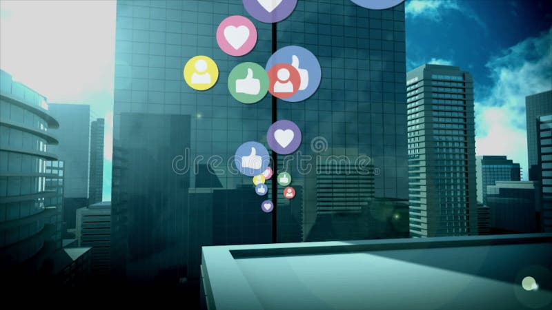Multiple Colorful Profile and Heart Icons Floating Against Tall ... Multiple Colorful Profile and Heart Icons Floating Against Tall ...
