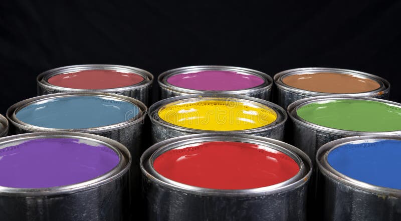 Multiple Colours Emulsion Paint Buckets Isolated on Black Background ...