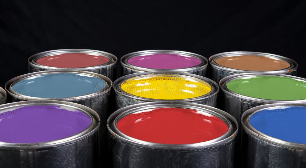 Multiple Colours Emulsion Paint Buckets Isolated on Black Background ...