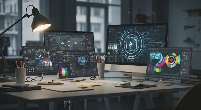 Multiple Computer Monitors Display Advanced Artificial Intelligence Concepts, Data Analysis ...