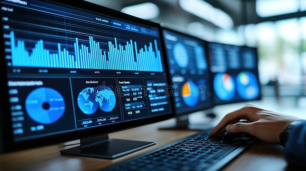 Multiple Computer Monitors Display Financial Data Graphs and Charts Stock Illustration ...