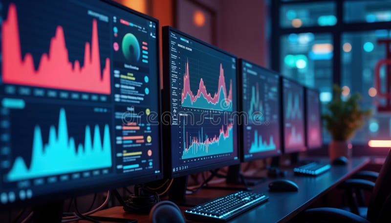 Multiple Computer Monitors Display Network Monitoring Dashboard. Real-time Data Analytics Graphs ...