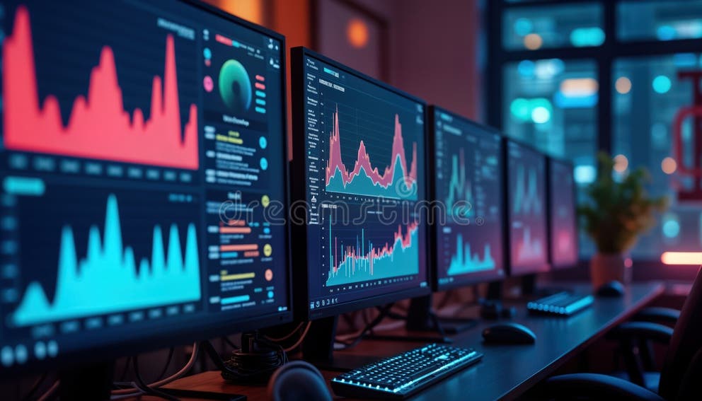 Multiple Computer Monitors Display Network Monitoring Dashboard. Real-time Data Analytics Graphs ...