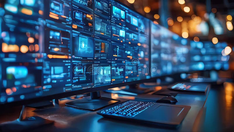 Multiple Computer Monitors Displaying Analytical Data And Stock Charts In A Dimly Lit Control