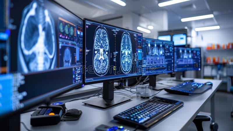 Multiple Computer Monitors Displaying Brain Scans in a Medical Setting ... Multiple Computer Monitors Displaying Brain Scans in a Medical Setting ...
