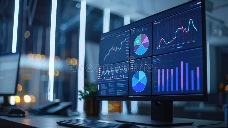 Multiple Computer Monitors Displaying Data Analysis Graphs And Charts Stock Illustration