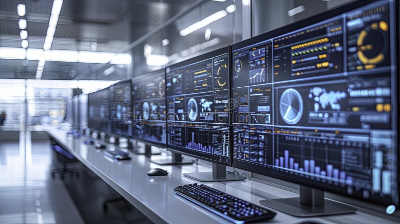 Multiple Computer Monitors Displaying Data Analytics In A Modern Office Hightech Work