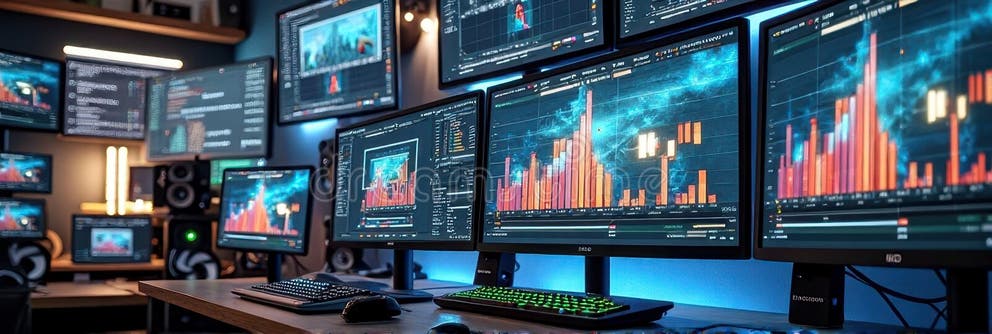 Multiple Computer Monitors Displaying Data Graphs in a Dimly Lit Room Stock Photo - Image of ...