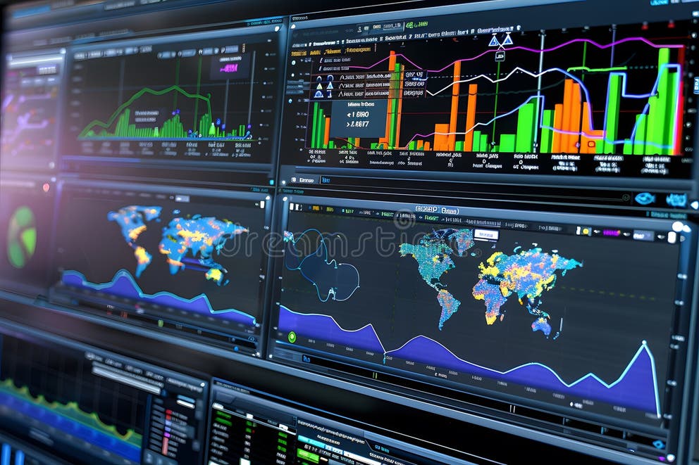 Multiple Computer Monitors Displaying Real-time Analytics, Charts, and Graphs Data Analysis ...