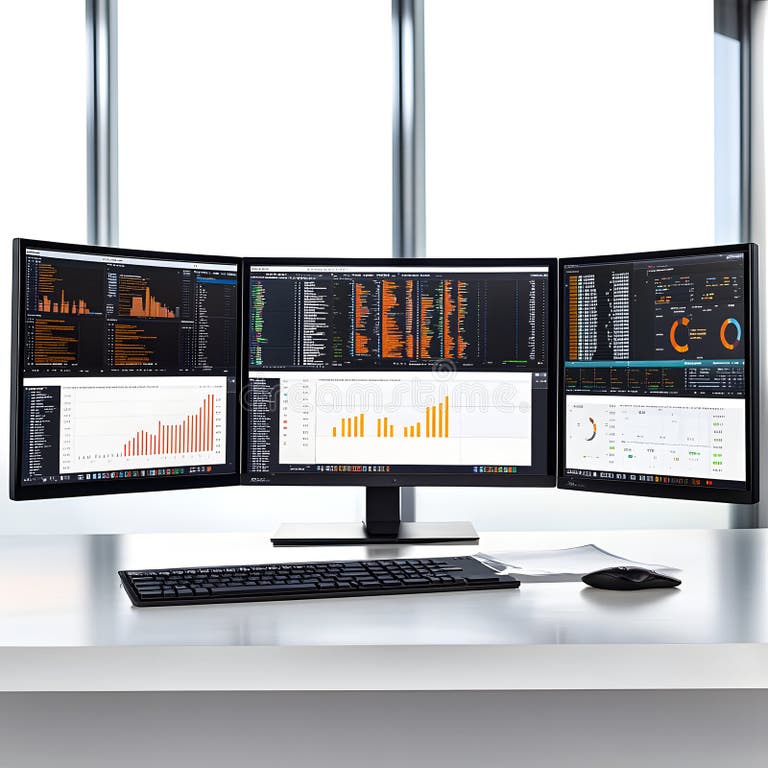 Multiple Computer Monitors and Screens with Spreadsheets, Analytics ...