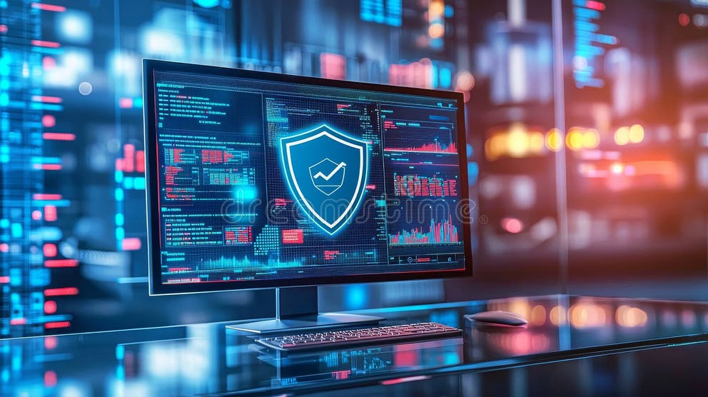 On Multiple Computer Screens, Abstract Dashboards with Graphs, Live ...