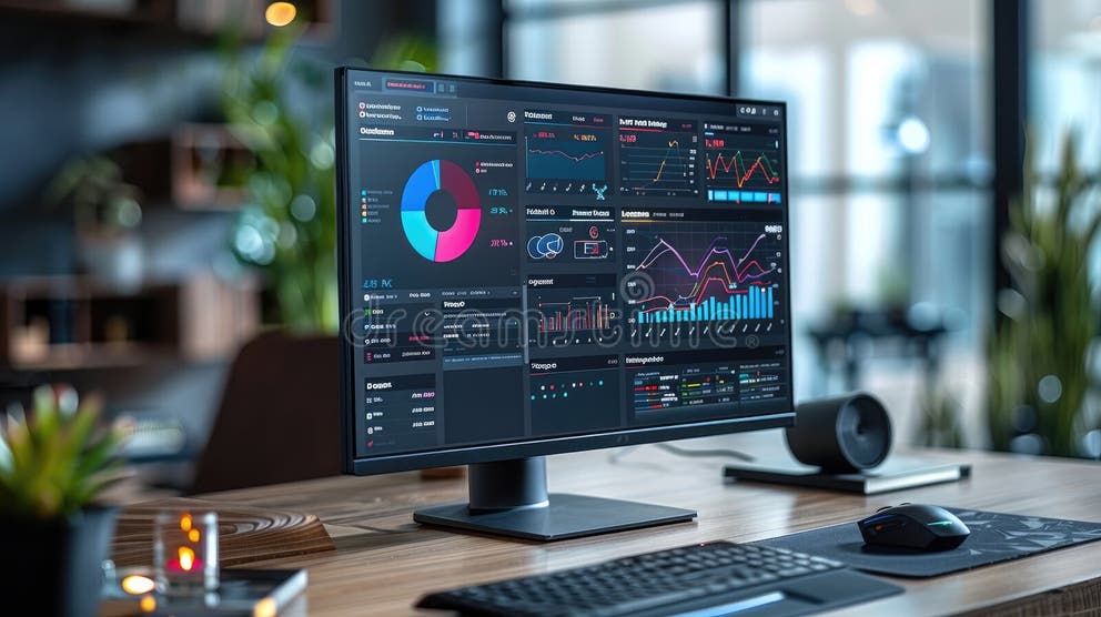 Multiple Computer Screens on a Desk Showing Colorful Data Analytics and ...