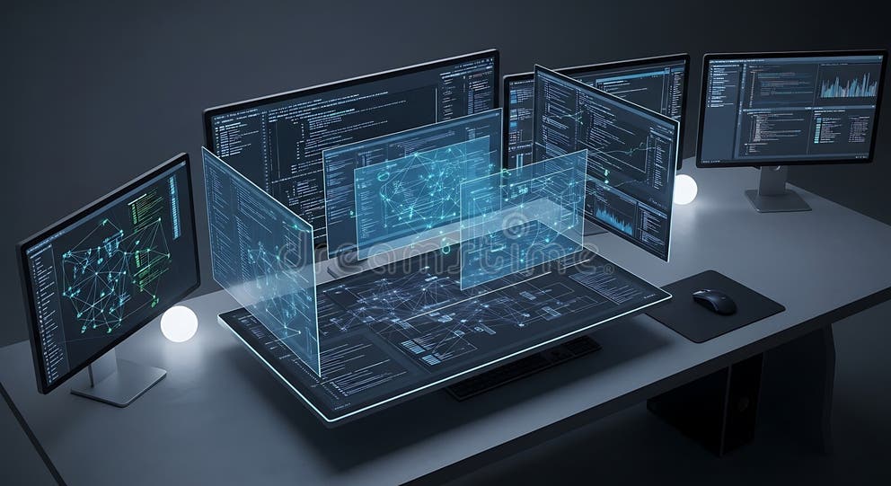 Multiple Computer Screens Display Complex Data Visualizations and Code ...
