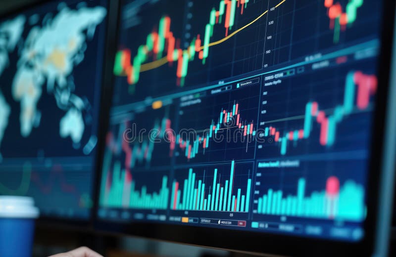 Multiple Computer Screens Display Financial Data. Charts, Graphs Show ... Multiple Computer Screens Display Financial Data. Charts, Graphs Show ...
