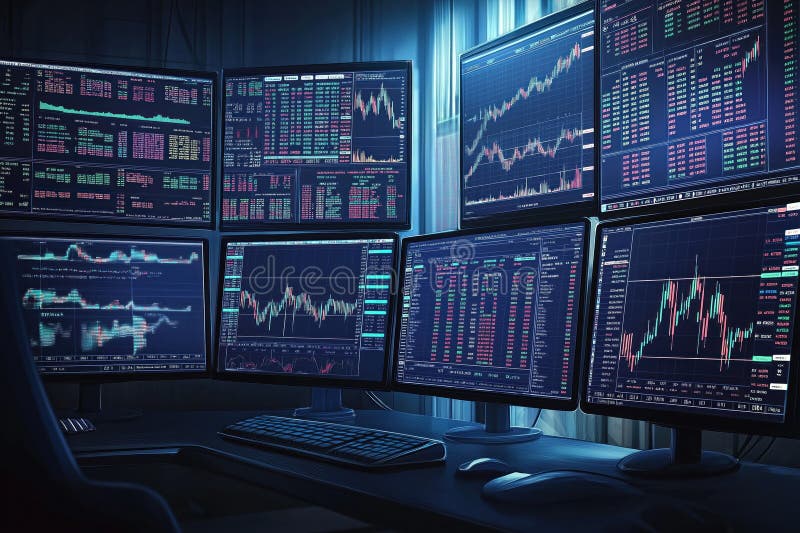 Multiple Computer Screens Display Financial Data. Charts, Graphs Show ... Multiple Computer Screens Display Financial Data. Charts, Graphs Show ...