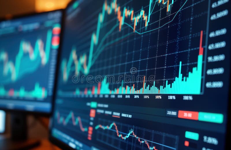 Multiple Computer Screens Display Financial Data Graphs. Charts Show ... Multiple Computer Screens Display Financial Data Graphs. Charts Show ...