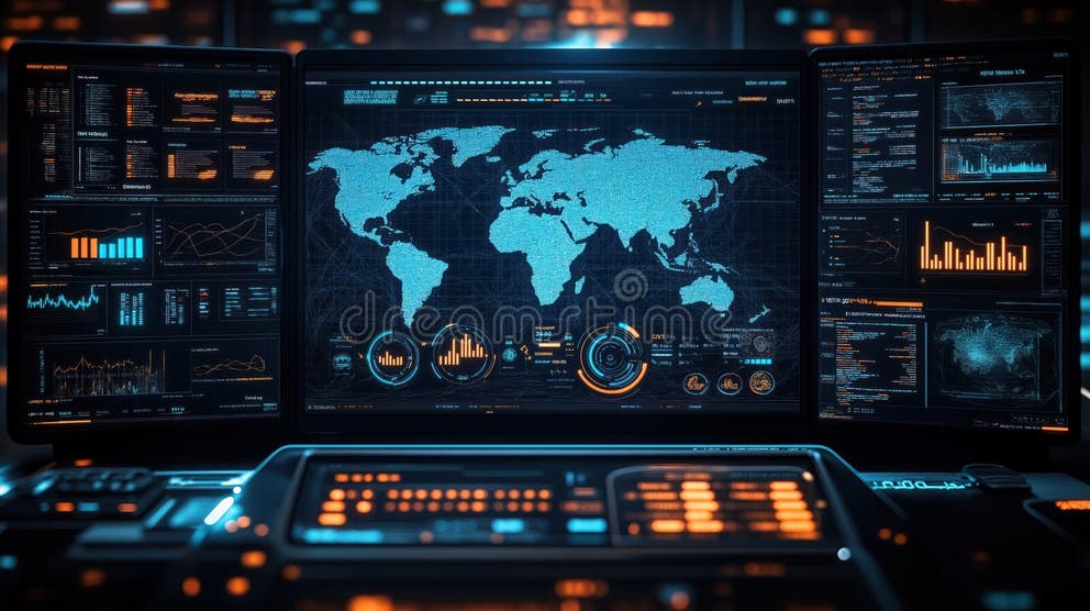 Multiple Computer Screens Display Global Map Data Analytics with Network Visualization ...