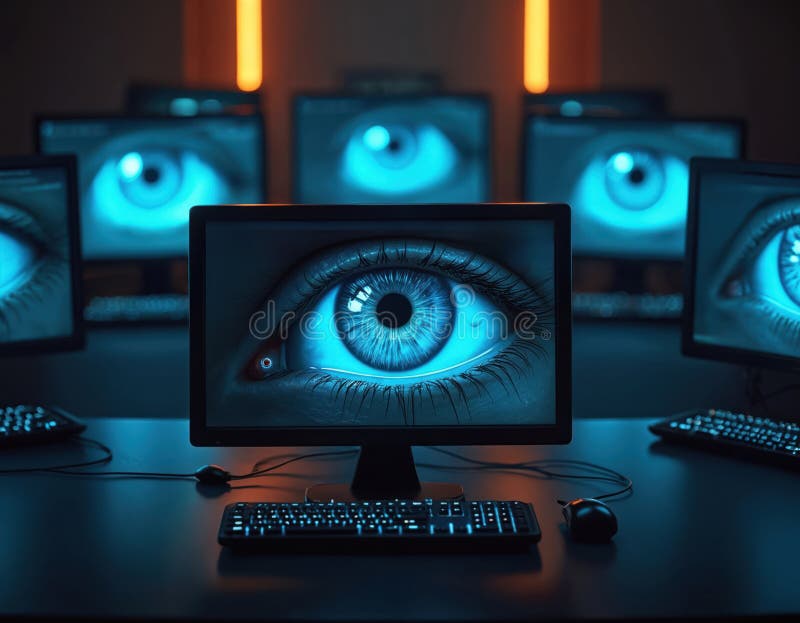 Multiple Computer Screens Display Large, Blue Eye in Dark Room, Big ...
