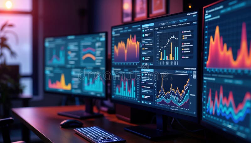 Multiple Computer Screens Display Real-time Network Monitoring Data. Graphs, Charts Visualize ...